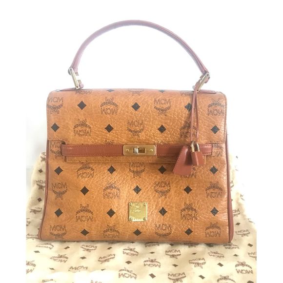 MCM | Bags | Mcm Vintage Classic Brown Monogram Kelly Bag With Golden ...